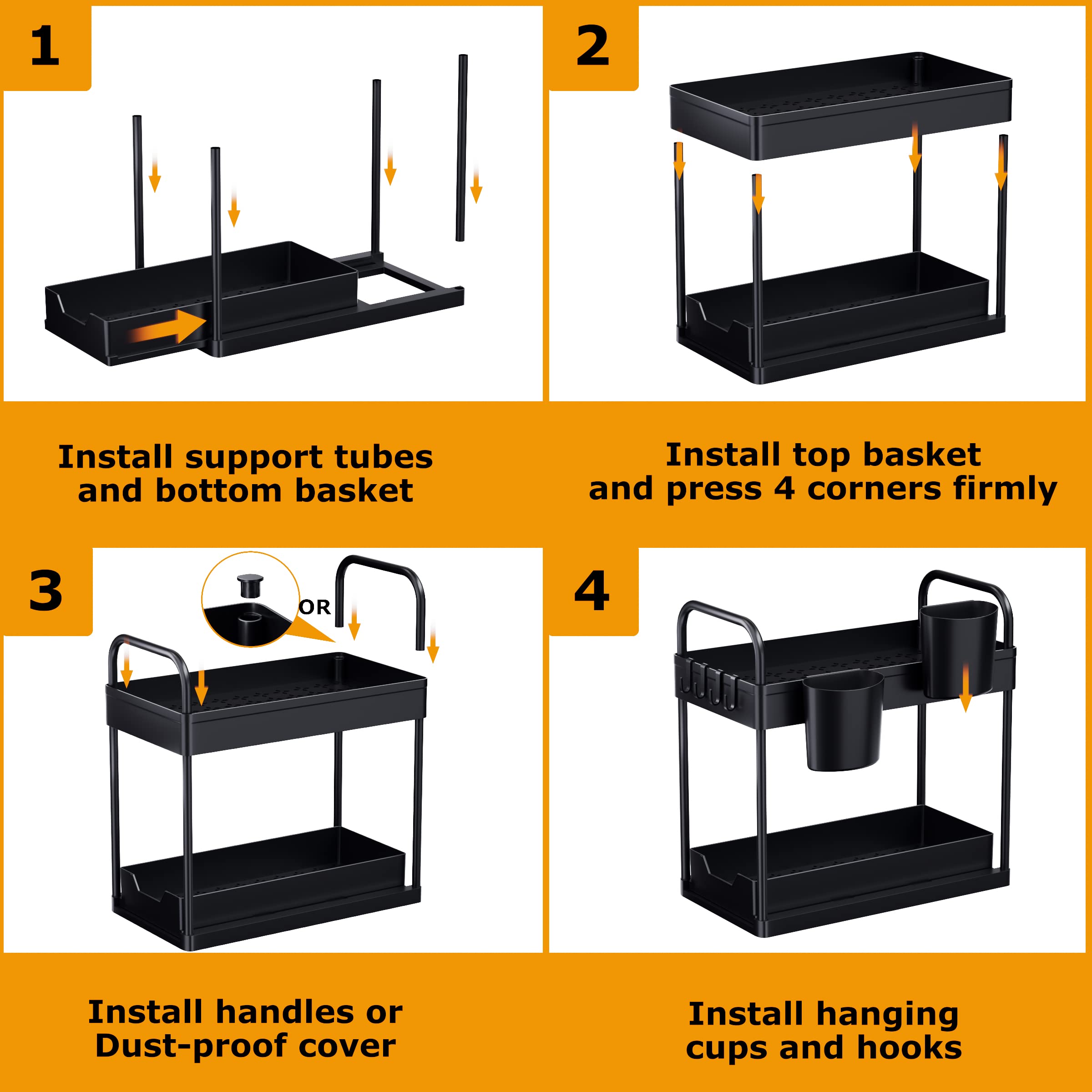 Under Sink Organizers and Storage, 2-Tier Sliding Under Cabinet Bathroom Storage with Hooks, Hanging Cup, Handles, Multi-Purpose Under Sink Organizer for Bathroom Kitchen, Black, 2Pack