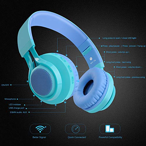 2 Packs Riwbox WT-7S Kids Headphones Wireless, Foldable Stereo Bluetooth Headset with Mic Compatible with PC/Laptop/Tablet/iPad Pink&Blue