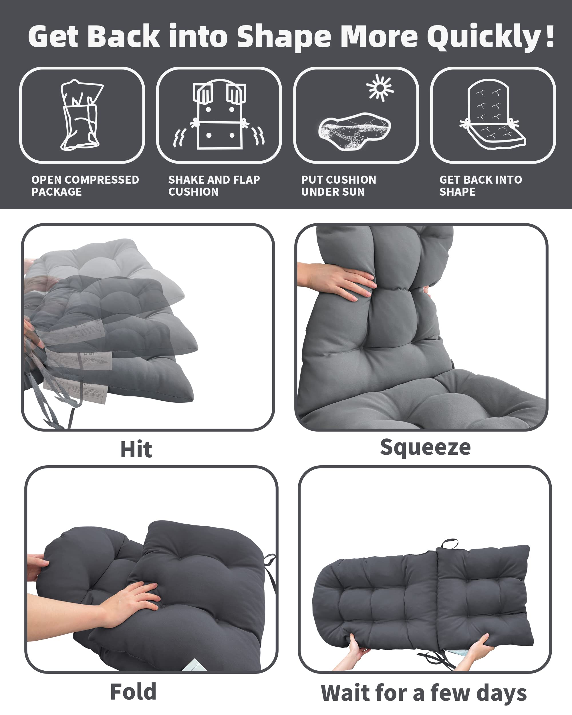 VOQNIS Indoor Outdoor Adirondack Chair Cushion, Patio Rocking Chairs Cushions, Waterproof Sun Protection (Grey)