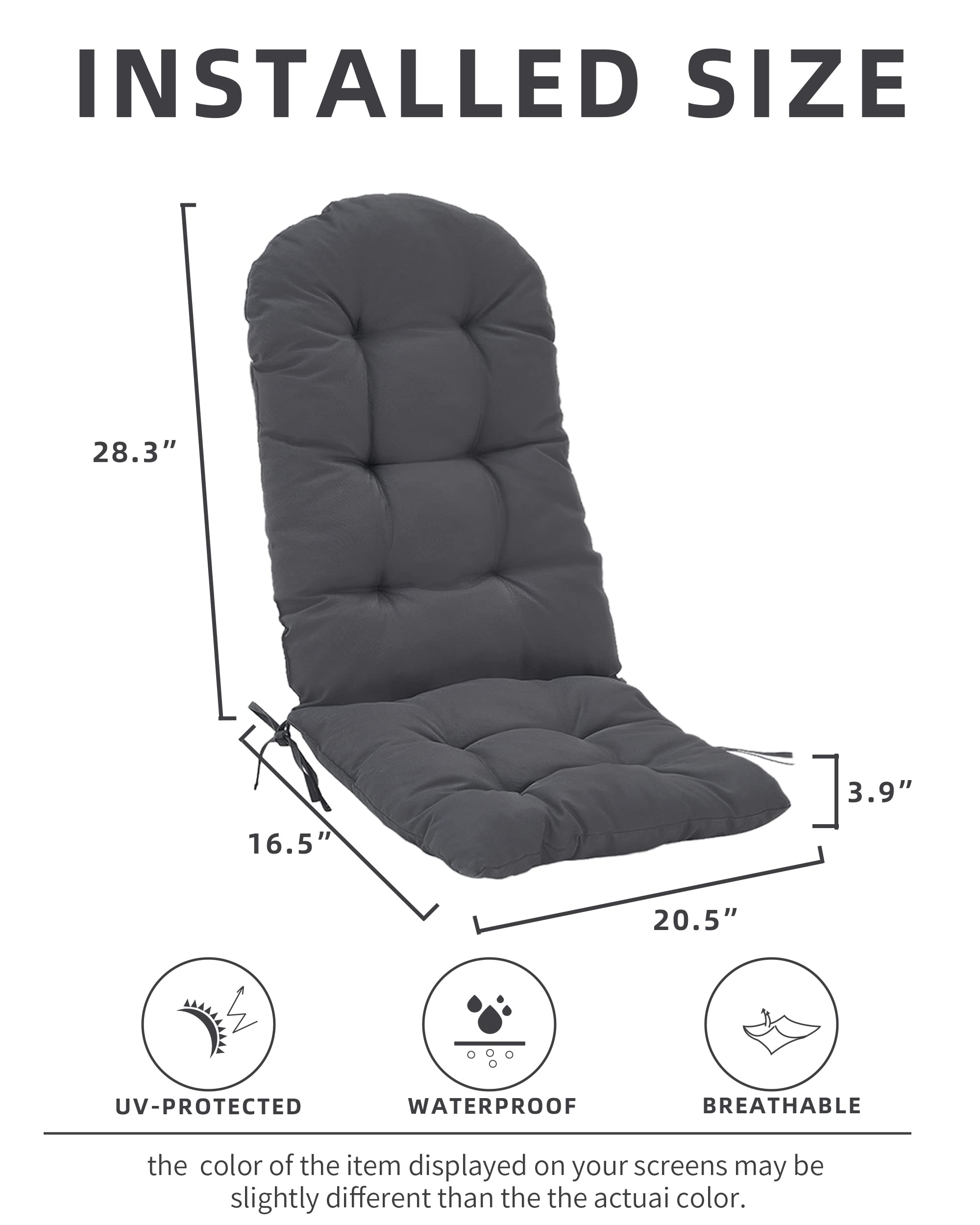 VOQNIS Indoor Outdoor Adirondack Chair Cushion, Patio Rocking Chairs Cushions, Waterproof Sun Protection (Grey)