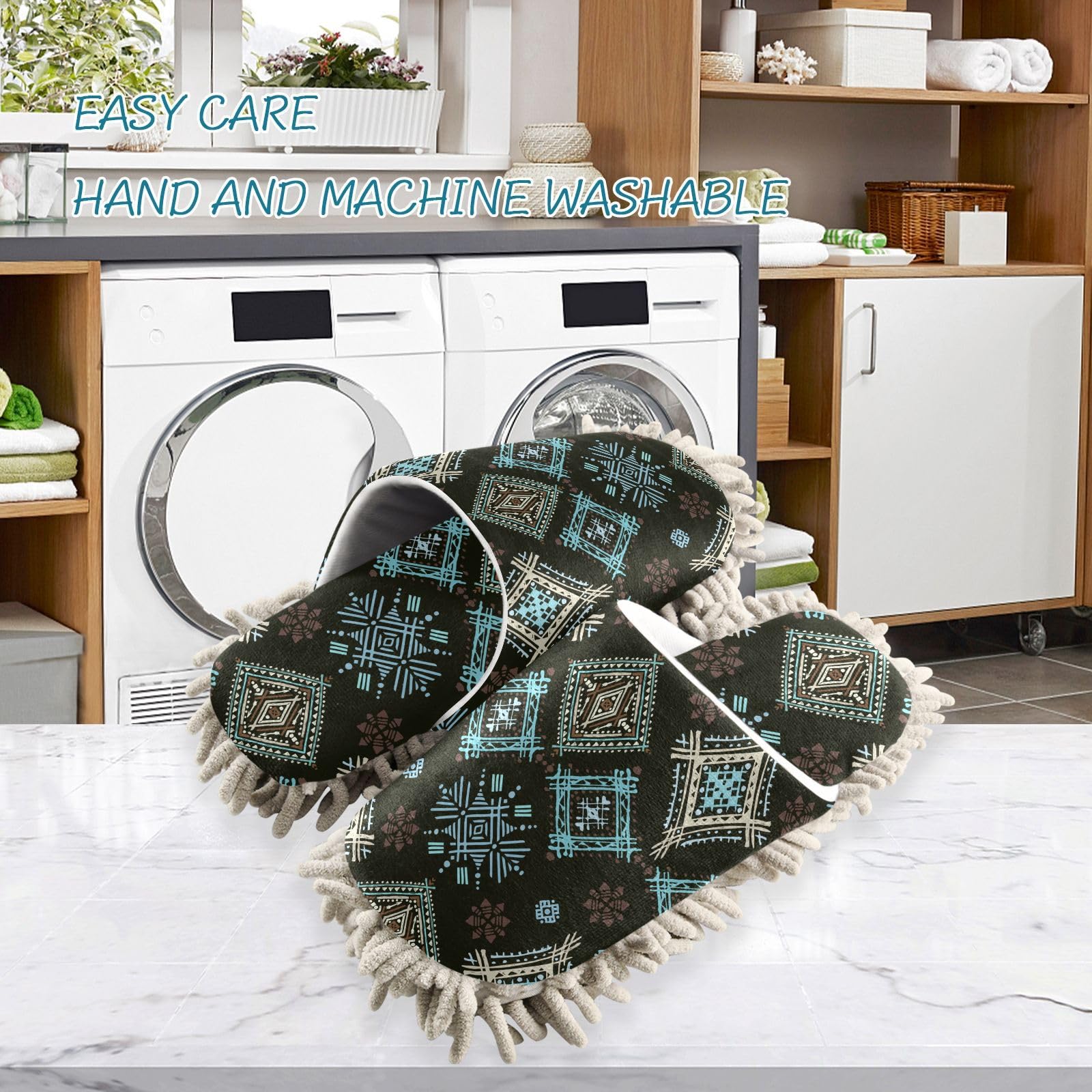 FLildon Microfiber Cleaning Slippers Bohemian Tile Washable Mop Shoes Slipper for Men/Women House Floor Dust Cleaner, Size L