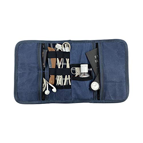 Hide & Drink, Multi Purpose Travel Organizer Roll for Cables Handmade from Full Grain Leather & Waxed Canvas (Blue Mar)