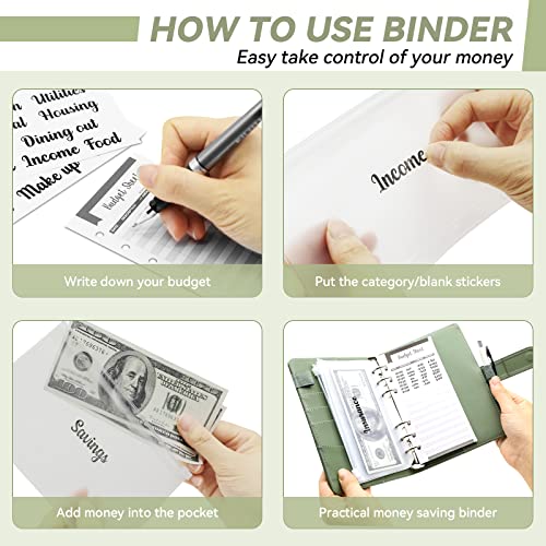 Budget Binder with Zipper Envelopes,Cash Envelopes for Budgeting, Money Organizer for Cash, A6 Budget Binder with 8pcs Cash envelopes, 12pcs Expense Trackers, 23pcs Label Stickers