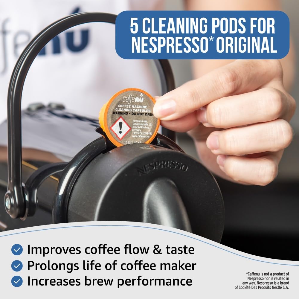 Nespresso Compatible Cleaning Pods. 5 Cleaner Capsules. Improved Coffee Flavor. For Nespresso Originaline, Use with Descaling Kit.