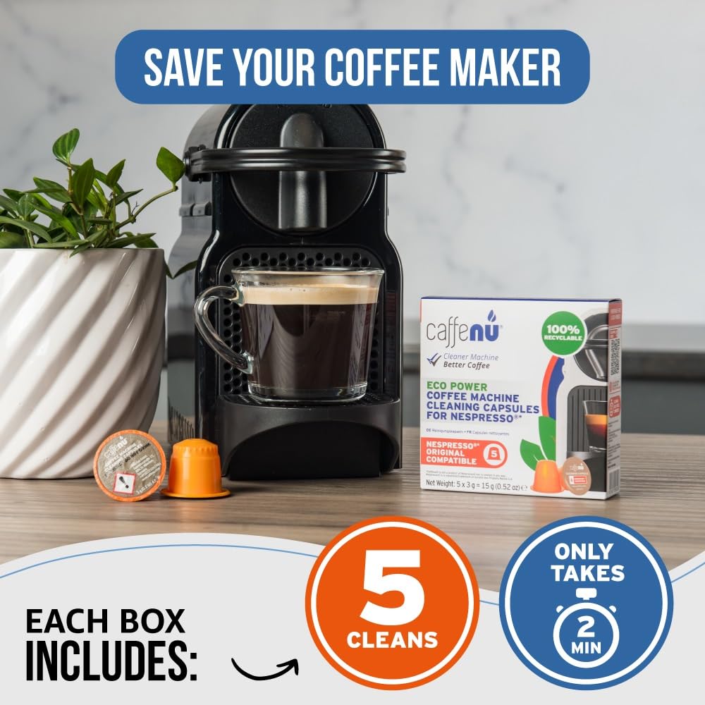 Nespresso Compatible Cleaning Pods. 5 Cleaner Capsules. Improved Coffee Flavor. For Nespresso Originaline, Use with Descaling Kit.