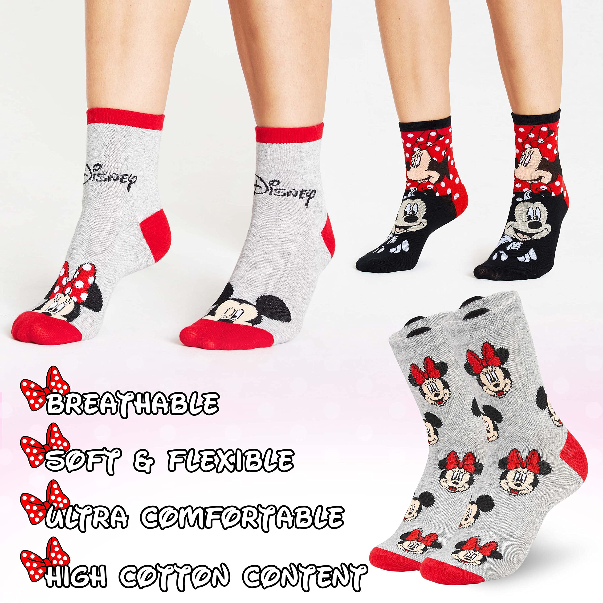 Disney Womens Novelty Socks, Pack of 5 Soft Calf Socks - Gifts for her (4/9 US, Red Minnie Mouse)