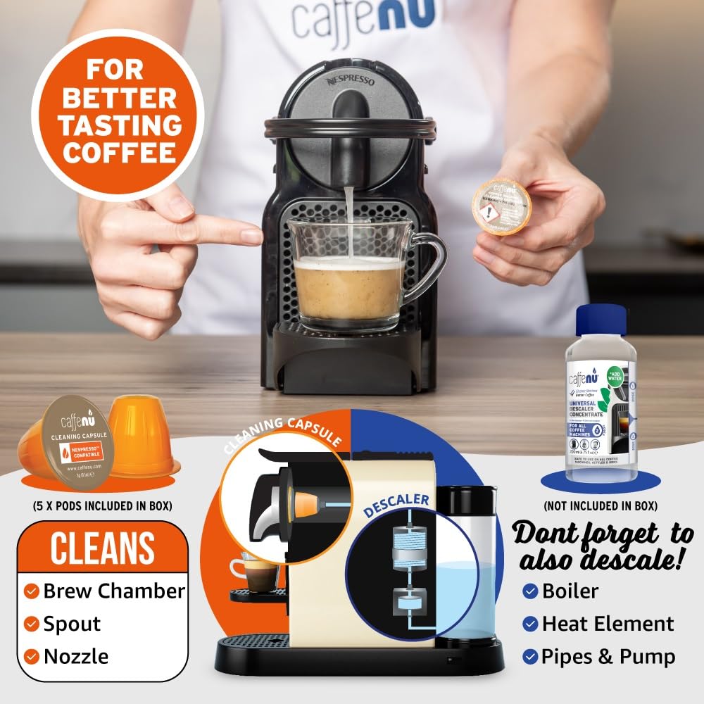 Nespresso Compatible Cleaning Pods. 5 Cleaner Capsules. Improved Coffee Flavor. For Nespresso Originaline, Use with Descaling Kit.