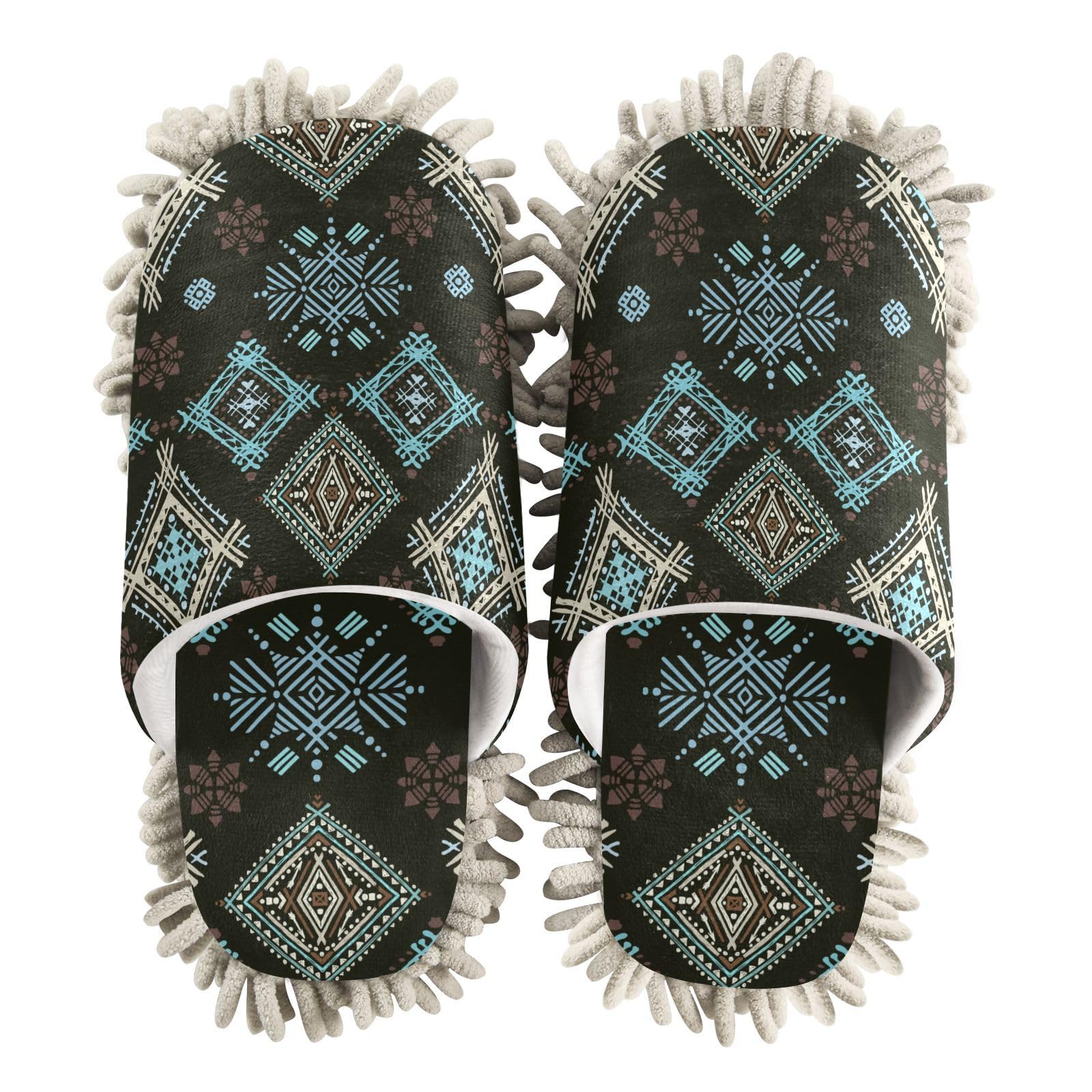 FLildon Microfiber Cleaning Slippers Bohemian Tile Washable Mop Shoes Slipper for Men/Women House Floor Dust Cleaner, Size L