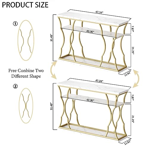 Modern Console Table Entryway, 47.24" Faux Marble Narrow Sofa Table Free Combine Two Different Shape for Hallway Entrance Hall Foyer Corridor Living Room Gold Base (Gold)