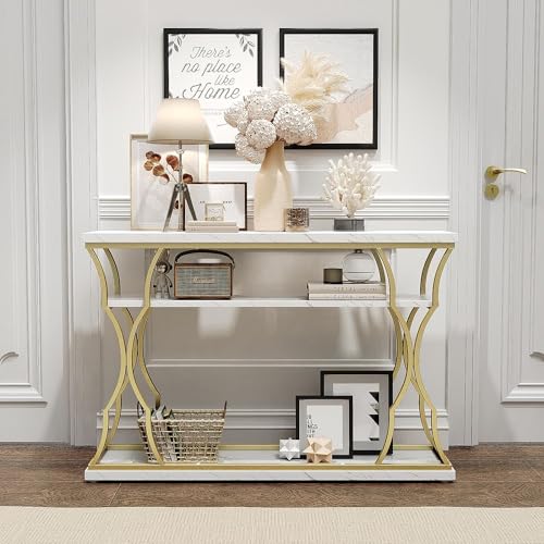 Modern Console Table Entryway, 47.24" Faux Marble Narrow Sofa Table Free Combine Two Different Shape for Hallway Entrance Hall Foyer Corridor Living Room Gold Base (Gold)