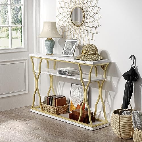 Modern Console Table Entryway, 47.24" Faux Marble Narrow Sofa Table Free Combine Two Different Shape for Hallway Entrance Hall Foyer Corridor Living Room Gold Base (Gold)