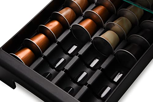 EVERIE Tempered Glass Top Coffee Capsules Holder Drawer Compatible with 36 Nespresso Originalline Pods, Small, NP04S-BL