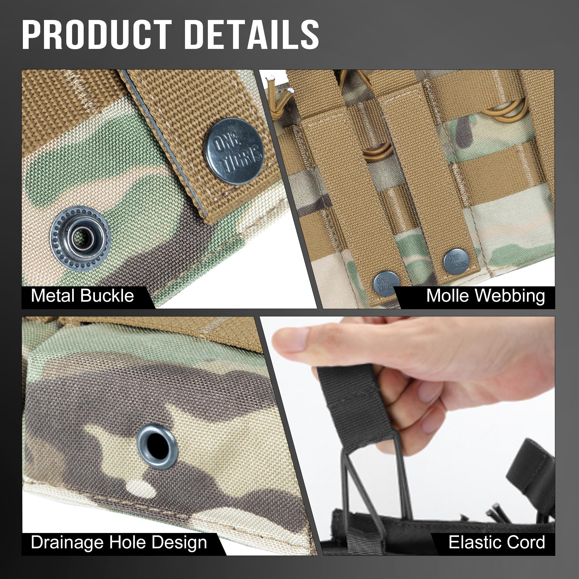 OneTigris Tactical Molle Mag Pouch,Open Top Triple Magazine Pouch for 5.56mm M4 M16 AK AR Glock M1911 9mm with Quick Release Kydex Insert and MOLLE Compatible(Camouflage)