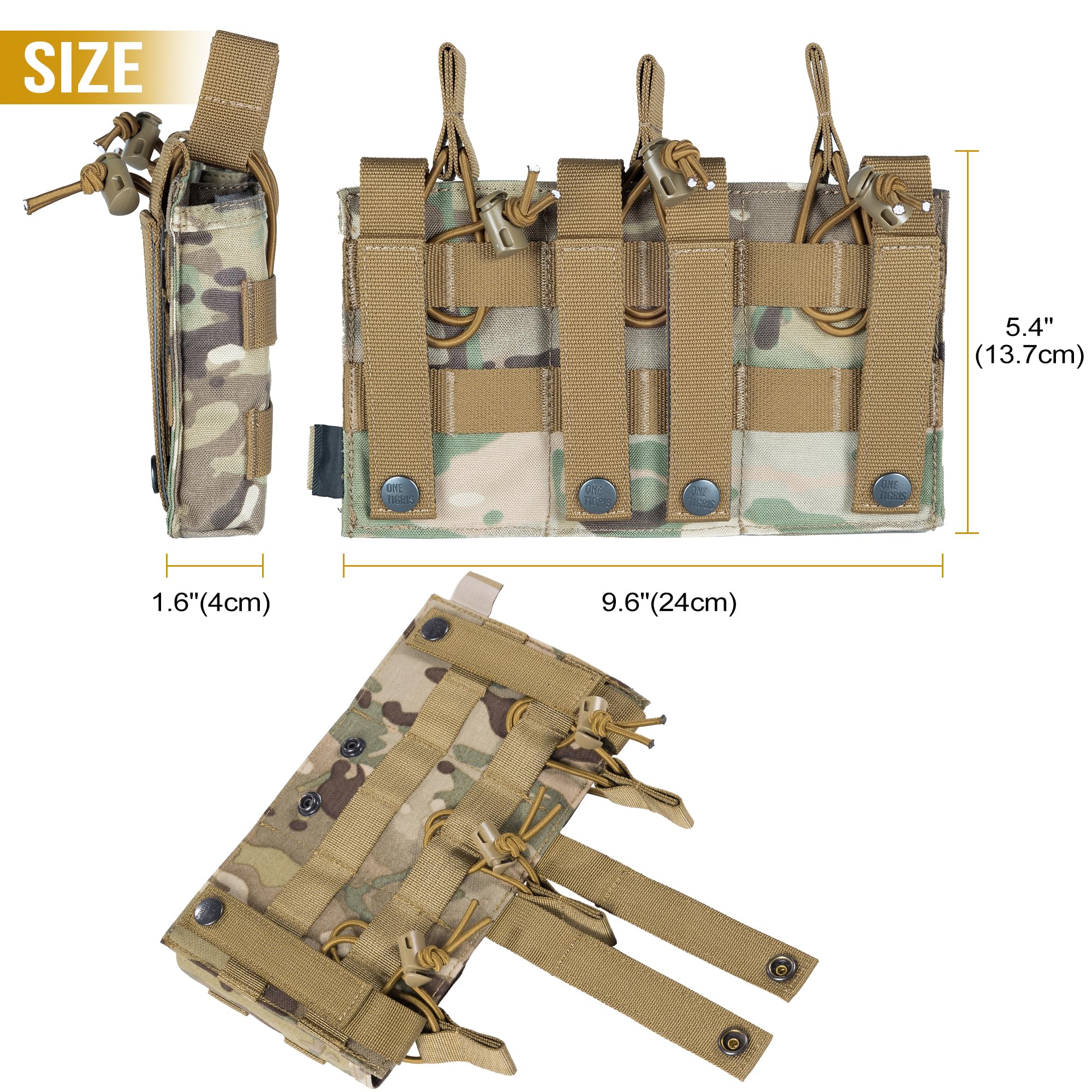 OneTigris Tactical Molle Mag Pouch,Open Top Triple Magazine Pouch for 5.56mm M4 M16 AK AR Glock M1911 9mm with Quick Release Kydex Insert and MOLLE Compatible(Camouflage)