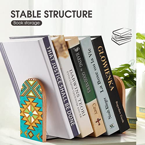 2 Pack Wood Bookends,Native Aztec Tribal Turquoise Decorative Book Ends Support for Shelves Desktop Organizer Wooden Bookshelf for Home School Office