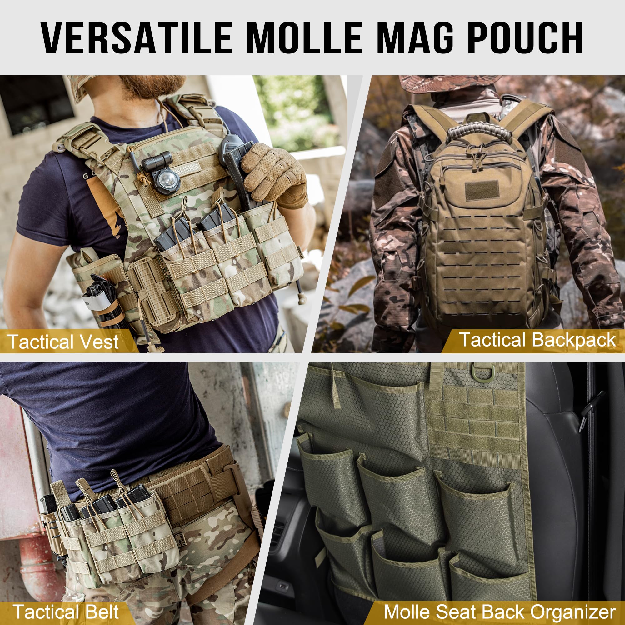 OneTigris Tactical Molle Mag Pouch,Open Top Triple Magazine Pouch for 5.56mm M4 M16 AK AR Glock M1911 9mm with Quick Release Kydex Insert and MOLLE Compatible(Camouflage)