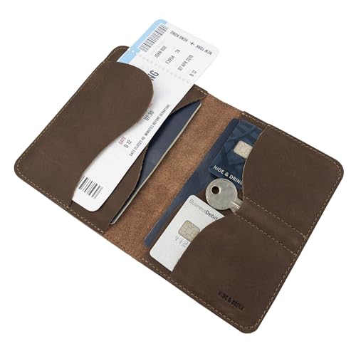 Hide & Drink, Double Passport Cover with Slots for Bills and Keys, Rustic Case, ID Organizer, Full Grain Leather, Handmade Accessories, Bourbon Brown