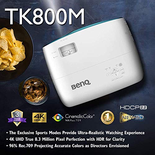 BenQ TK800 True 4K UHD HDR Home Entertainment Projector, DLP, 3000 Lumens, HMDI, Football Mode - White/Blue