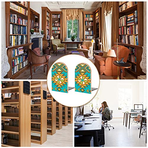 2 Pack Wood Bookends,Native Aztec Tribal Turquoise Decorative Book Ends Support for Shelves Desktop Organizer Wooden Bookshelf for Home School Office