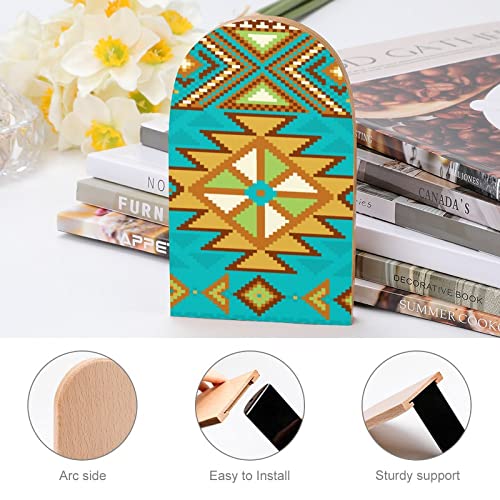 2 Pack Wood Bookends,Native Aztec Tribal Turquoise Decorative Book Ends Support for Shelves Desktop Organizer Wooden Bookshelf for Home School Office