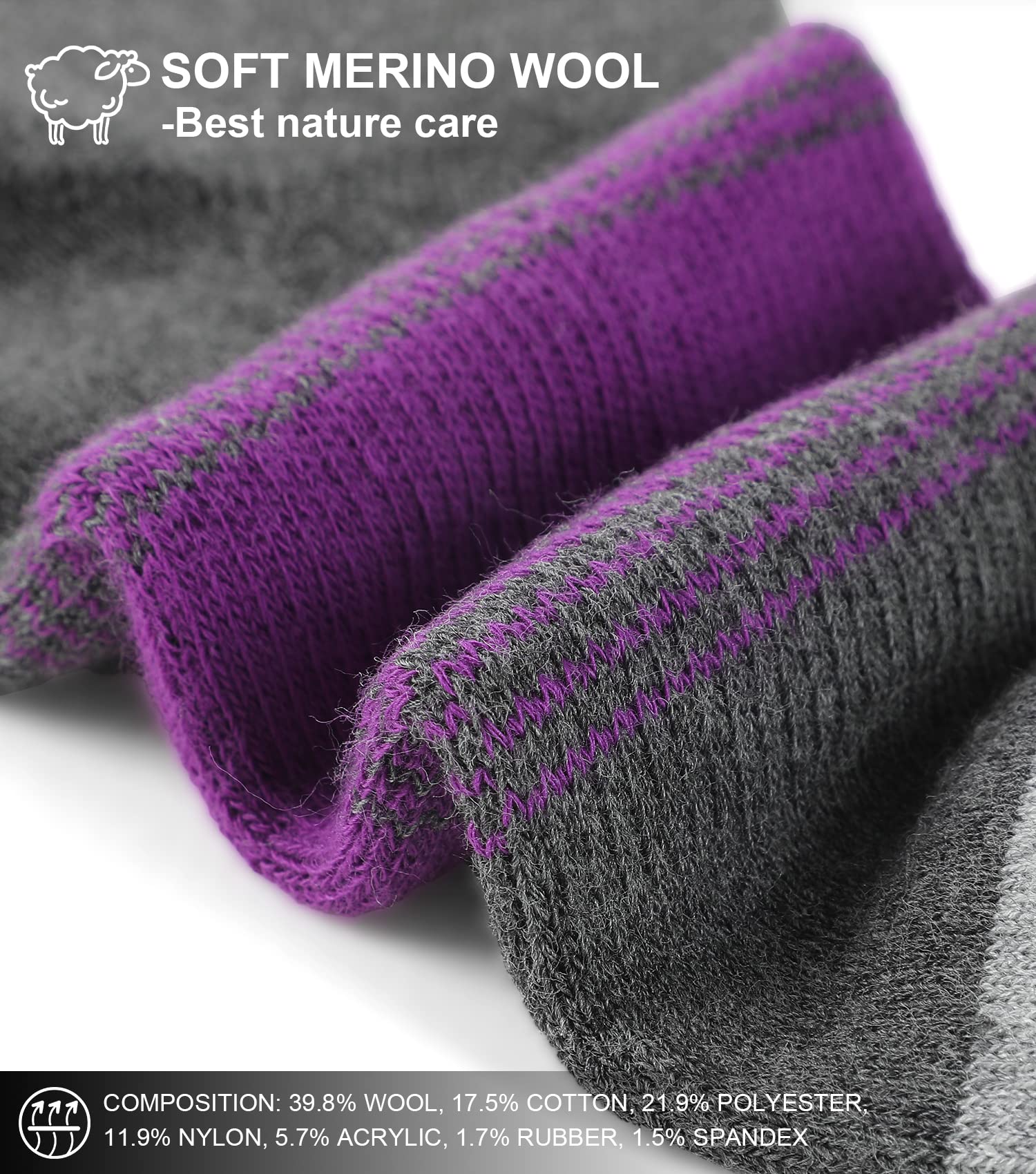 FITRELL 4 Pack Women's Merino Wool Hiking Socks Wicking Cushioned Warm Thermal Walking Boot Crew Socks, Christmas Gifts, Purple+Pink, Medium, for Shoe Size 8.5-11