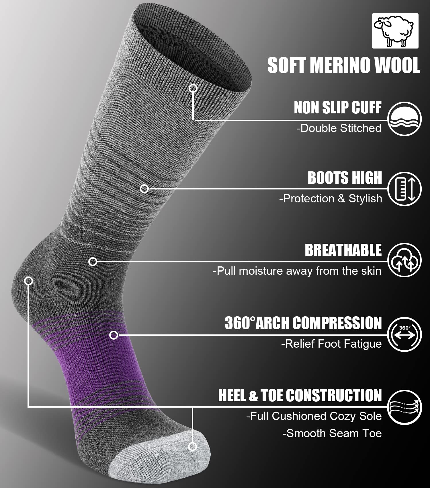 FITRELL 4 Pack Women's Merino Wool Hiking Socks Wicking Cushioned Warm Thermal Walking Boot Crew Socks, Christmas Gifts, Purple+Pink, Medium, for Shoe Size 8.5-11