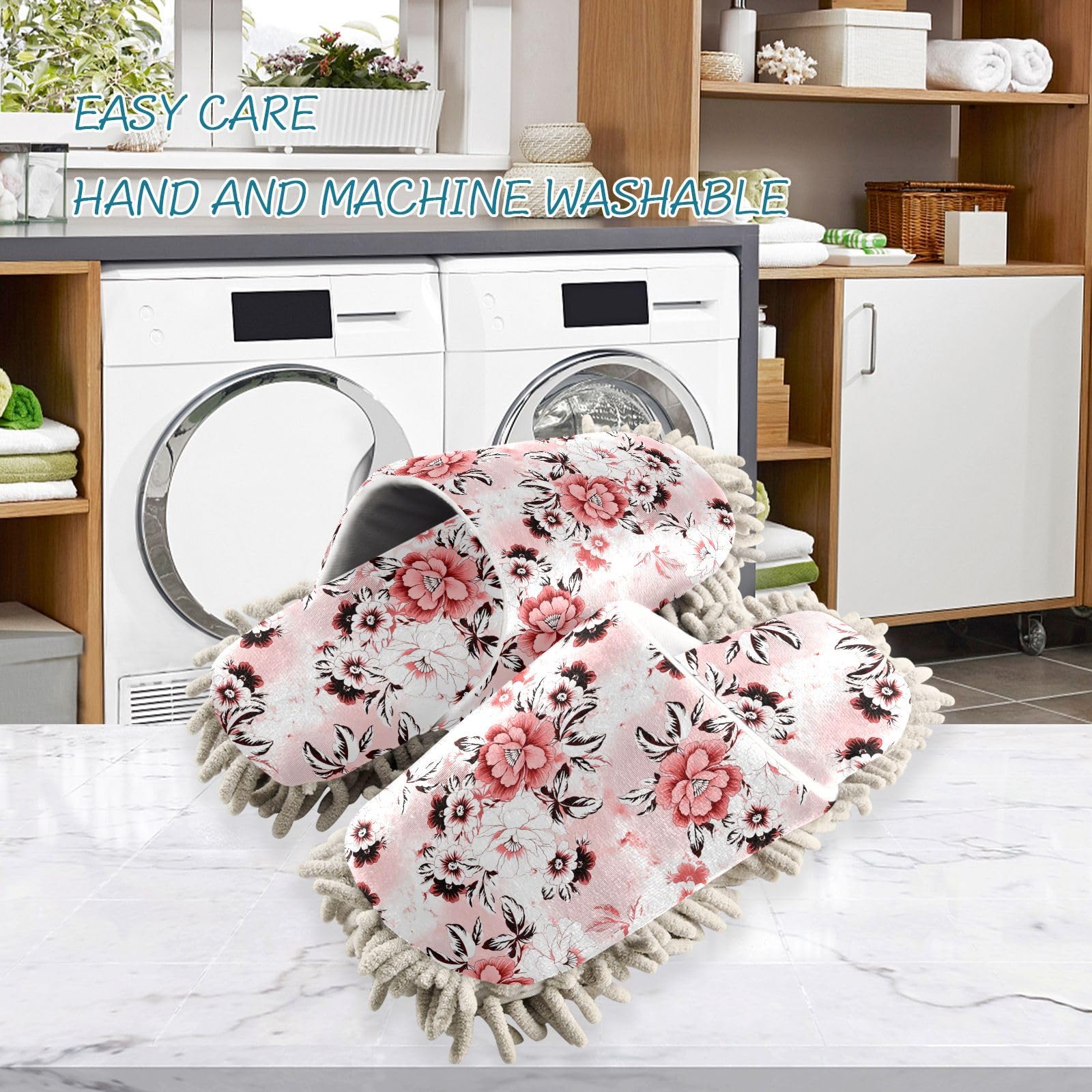 FLildon Microfiber Cleaning Slippers Blooming Pink Flower Washable Mop Shoes Slipper for Men/Women House Floor Dust Cleaner, Size L