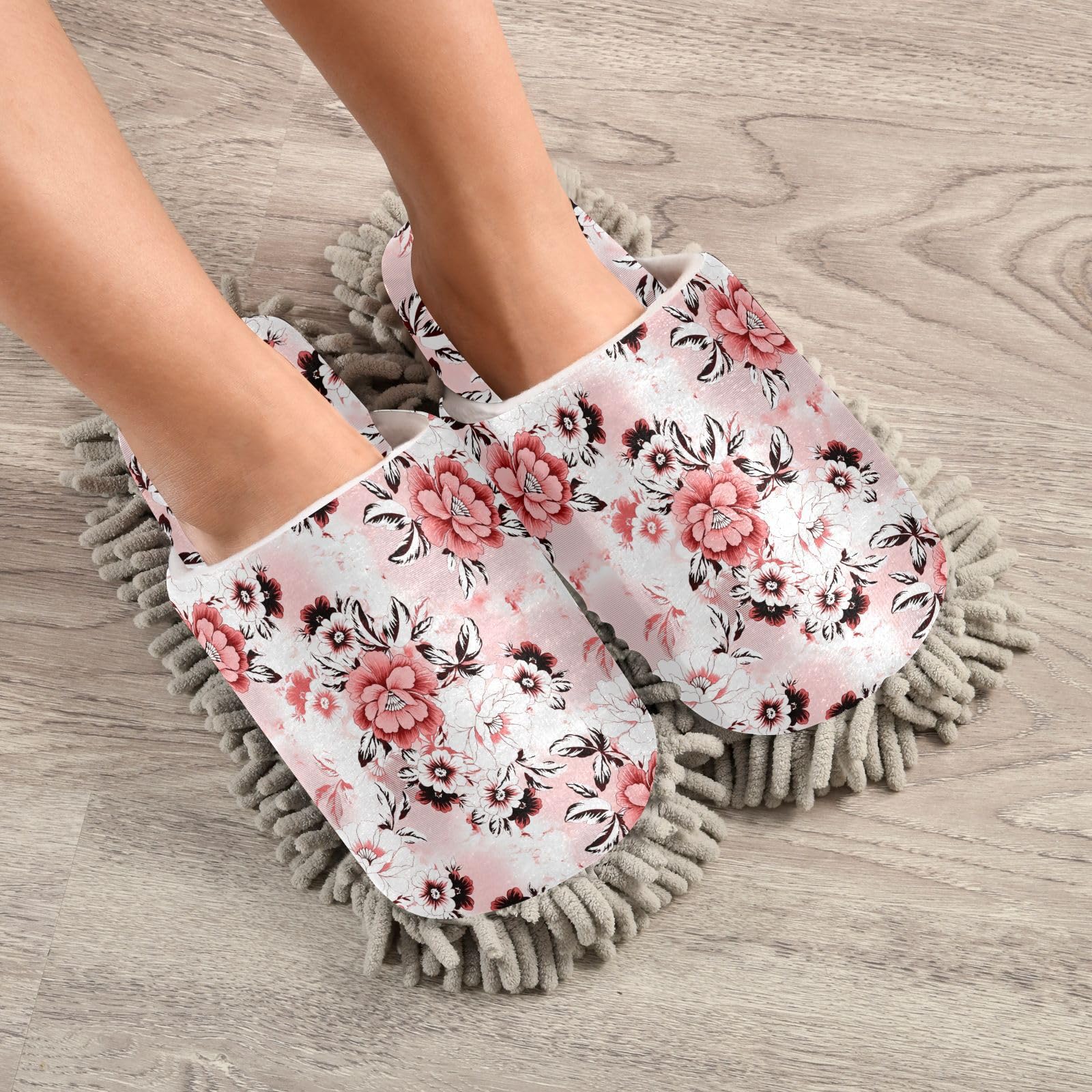 FLildon Microfiber Cleaning Slippers Blooming Pink Flower Washable Mop Shoes Slipper for Men/Women House Floor Dust Cleaner, Size L