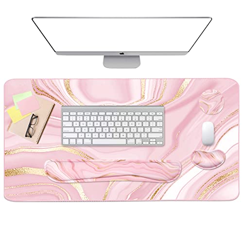 Keyboard Mouse Pad Set, Extended Mouse Pad+Keyboard Wrist Rest Support , Memory Foam Ergonomic Easy Typing , 3Pcs (35.4×15.7 in) Desk Pad Set for Home Office Study Game- Pink Gold