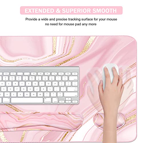 Keyboard Mouse Pad Set, Extended Mouse Pad+Keyboard Wrist Rest Support , Memory Foam Ergonomic Easy Typing , 3Pcs (35.4×15.7 in) Desk Pad Set for Home Office Study Game- Pink Gold