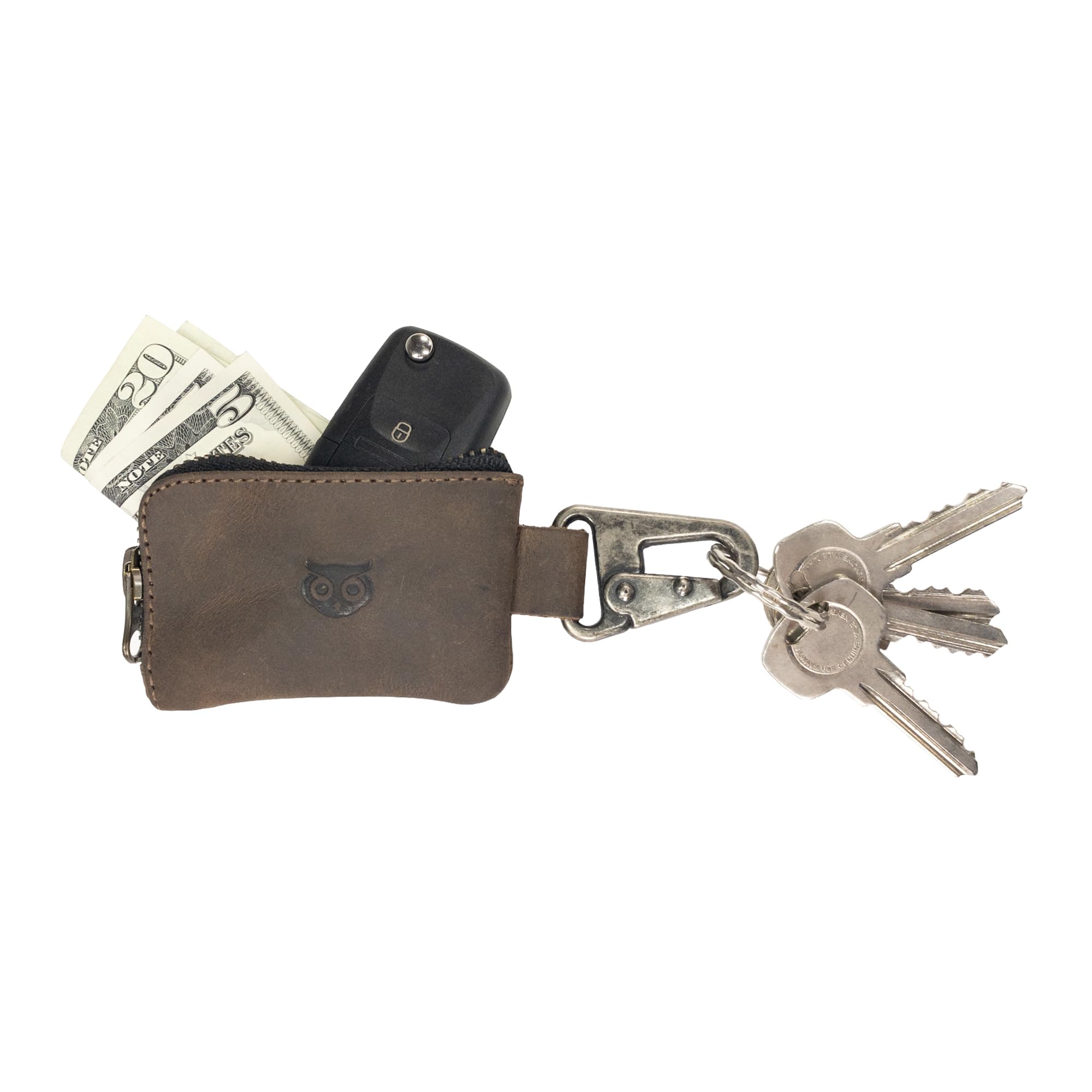 Hide & Drink, Car Key Holder with Keyring, Headphone & Charging Cables, Cash Zipper Case with Clasp, Full Grain Leather, Handmade, Bourbon Brown