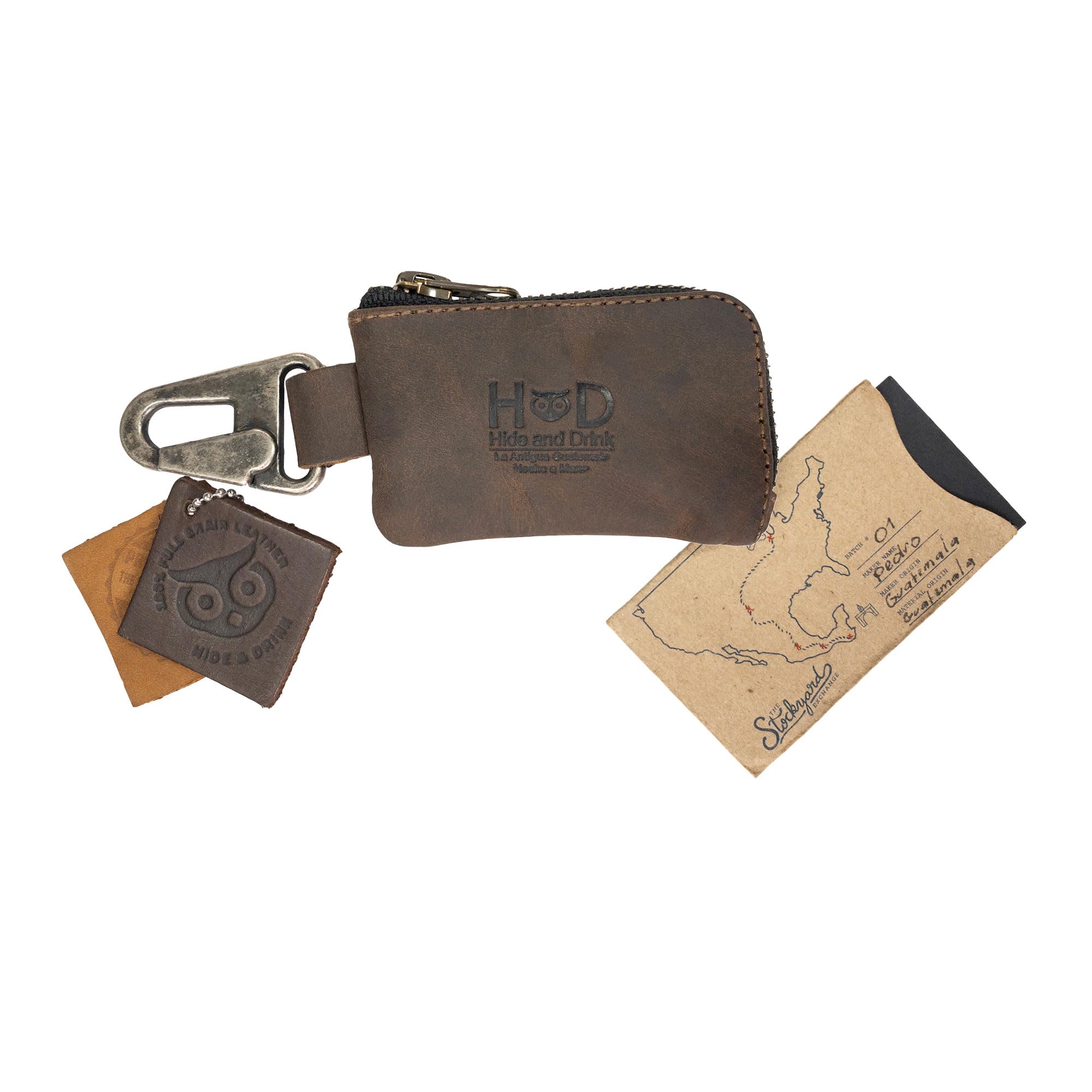 Hide & Drink, Car Key Holder with Keyring, Headphone & Charging Cables, Cash Zipper Case with Clasp, Full Grain Leather, Handmade, Bourbon Brown