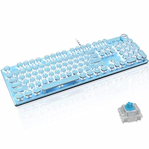 Basaltech Blue Mechanical Gaming Keyboard, Retro Steampunk Vintage Typewriter-Style Keyboard with LED Backlit, 104-Key Anti-Ghosting Blue Switch Wired USB Metal Panel Round Keycaps (Blue-SK)