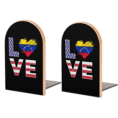 USA Venezuela Flag Heart Wood Book Ends for Shelves Non-Skid Bookend Book Stand Book Holder Stopper for Home Office School