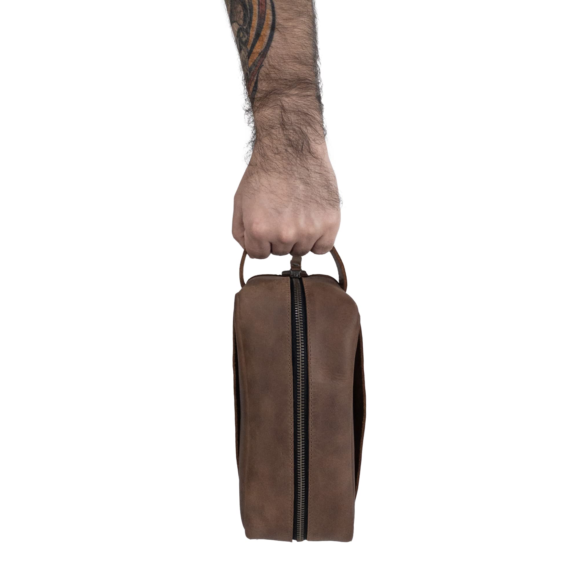 Saddle & Hide Co., Toiletry Bag with Handle Handmade from Full Grain Leather, Hygiene Organizer, Travel Dopp, Bathroom, Shaving, Storage, Travel & Grooming Essentials :: Bourbon Brown