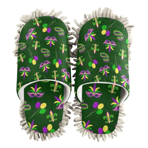 FLildon Microfiber Cleaning Slippers Mardi Gras Washable Mop Shoes Slipper for Men/Women House Floor Dust Cleaner, Size L