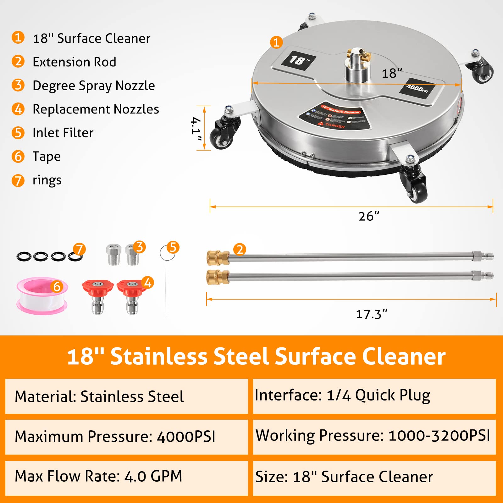 WICHEMI 1800W Multipurpose High-Temp Floor Steam Mop Steam Cleaning Machine + 18" Pressure Washer Surface Cleaner with 4 Wheels for Driveway Sidewalk Patio Concrete Cleaning