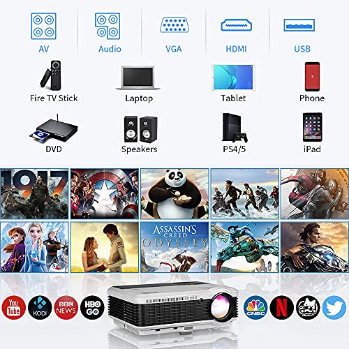 Smart Projector with Bluetooth WiFi, 8000 Lumen Home Theater Projector with 200" Display Video Gaming, Outdoor Movie Android Projector Zoom Wireless Mirroring for Phone HDMI DVD TV Stick Laptop PC USB