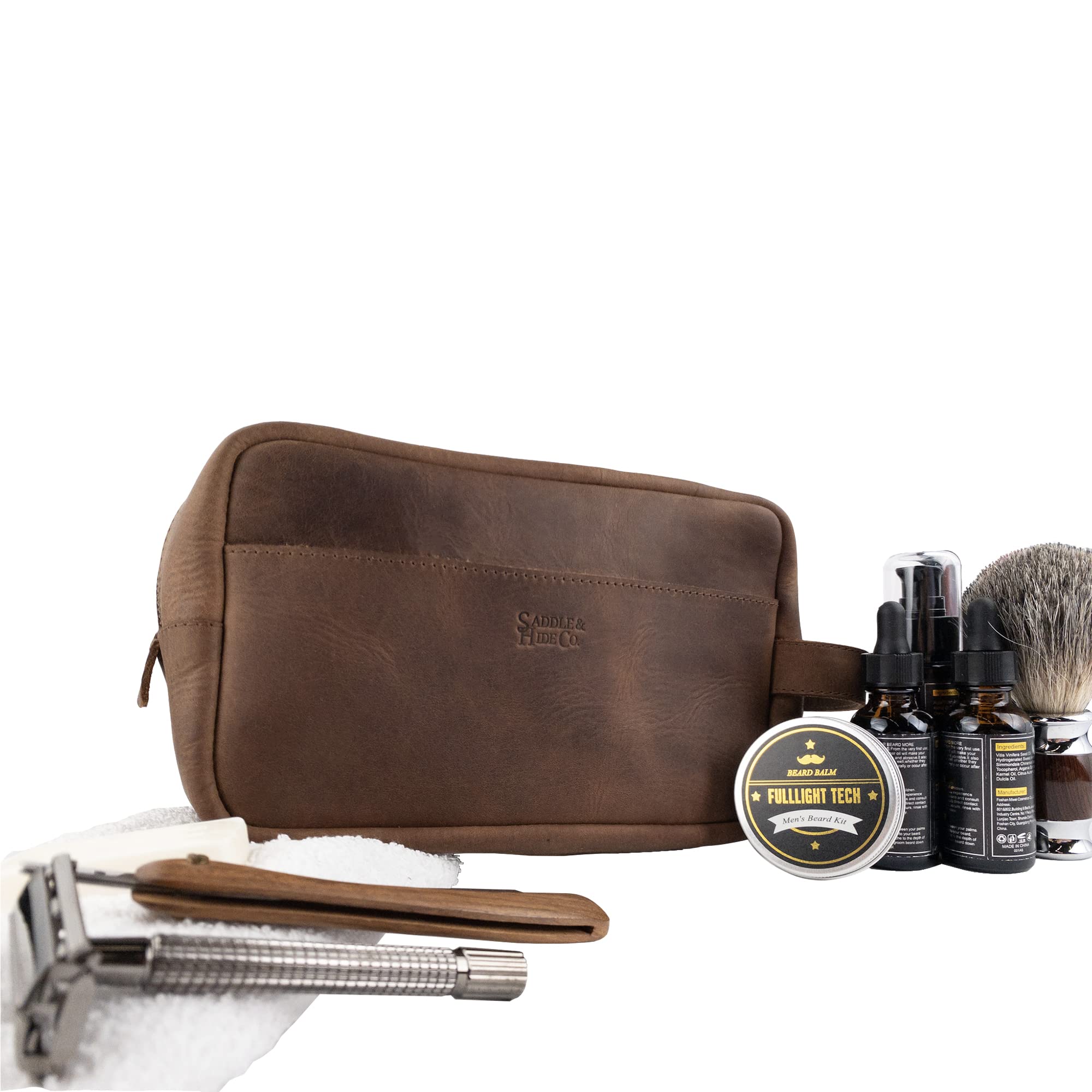 Saddle & Hide Co., Toiletry Bag with Handle Handmade from Full Grain Leather, Hygiene Organizer, Travel Dopp, Bathroom, Shaving, Storage, Travel & Grooming Essentials :: Bourbon Brown