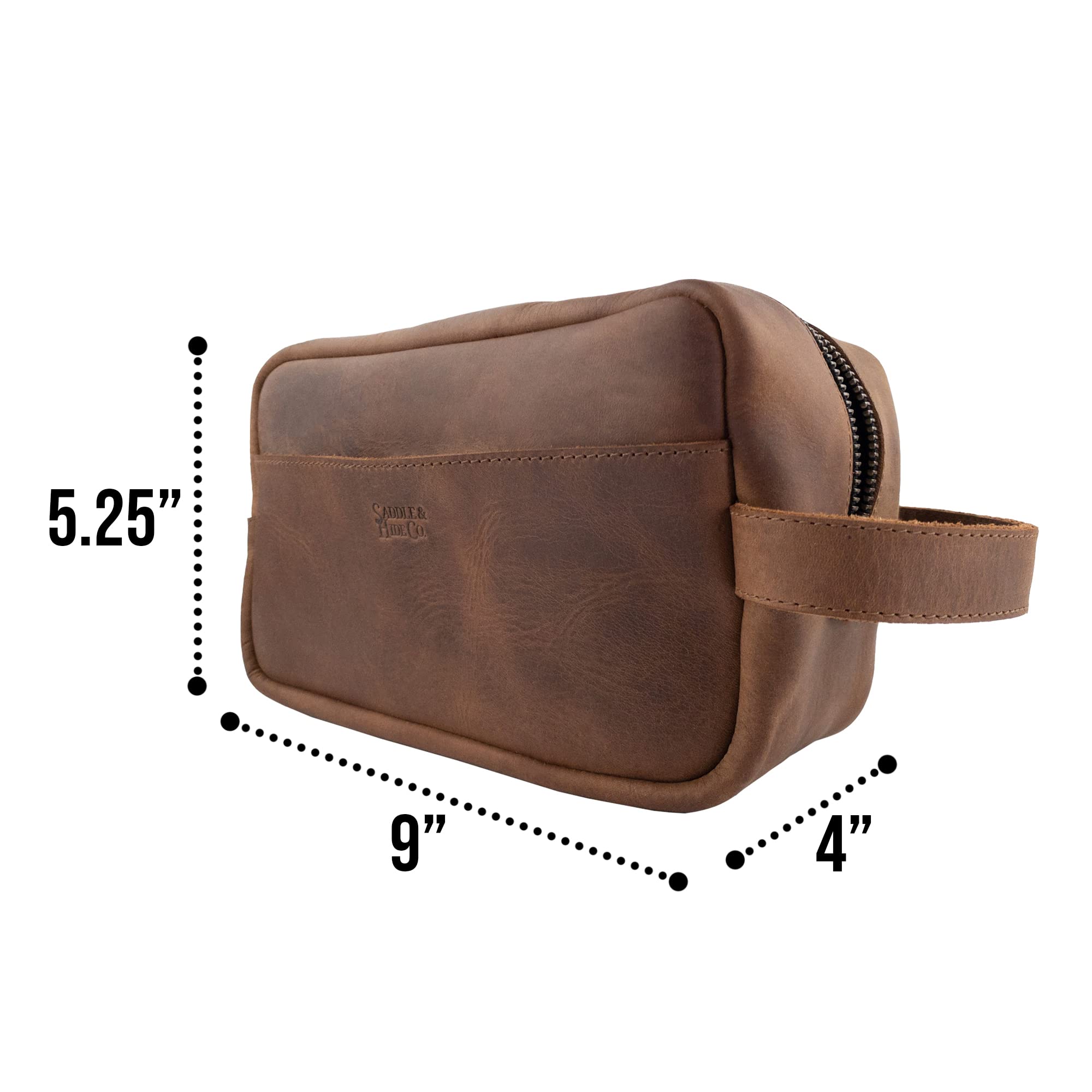 Saddle & Hide Co., Toiletry Bag with Handle Handmade from Full Grain Leather, Hygiene Organizer, Travel Dopp, Bathroom, Shaving, Storage, Travel & Grooming Essentials :: Bourbon Brown