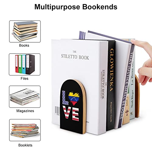 USA Venezuela Flag Heart Wood Book Ends for Shelves Non-Skid Bookend Book Stand Book Holder Stopper for Home Office School