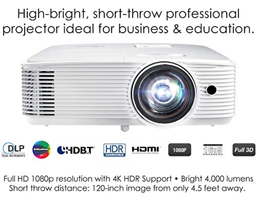 Optoma EH412ST Short Throw 1080P HDR Professional Projector | Super Bright 4000 Lumens | Business Presentations, Classrooms, or Meeting Rooms | 15,000 hour lamp life | Speaker Built In (Renewed)