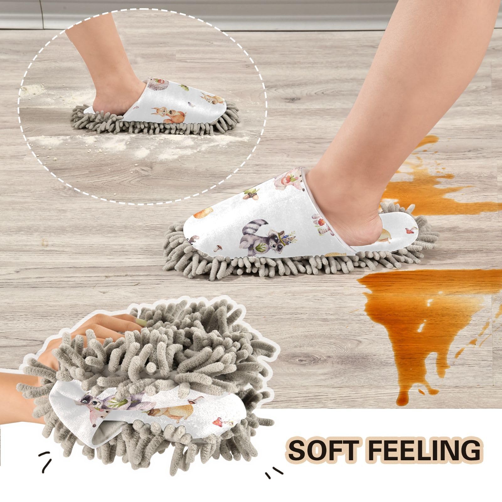 FLildon Microfiber Cleaning Slippers Cute Animals Squirrels Washable Mop Shoes Slipper for Men/Women House Floor Dust Cleaner, Size M