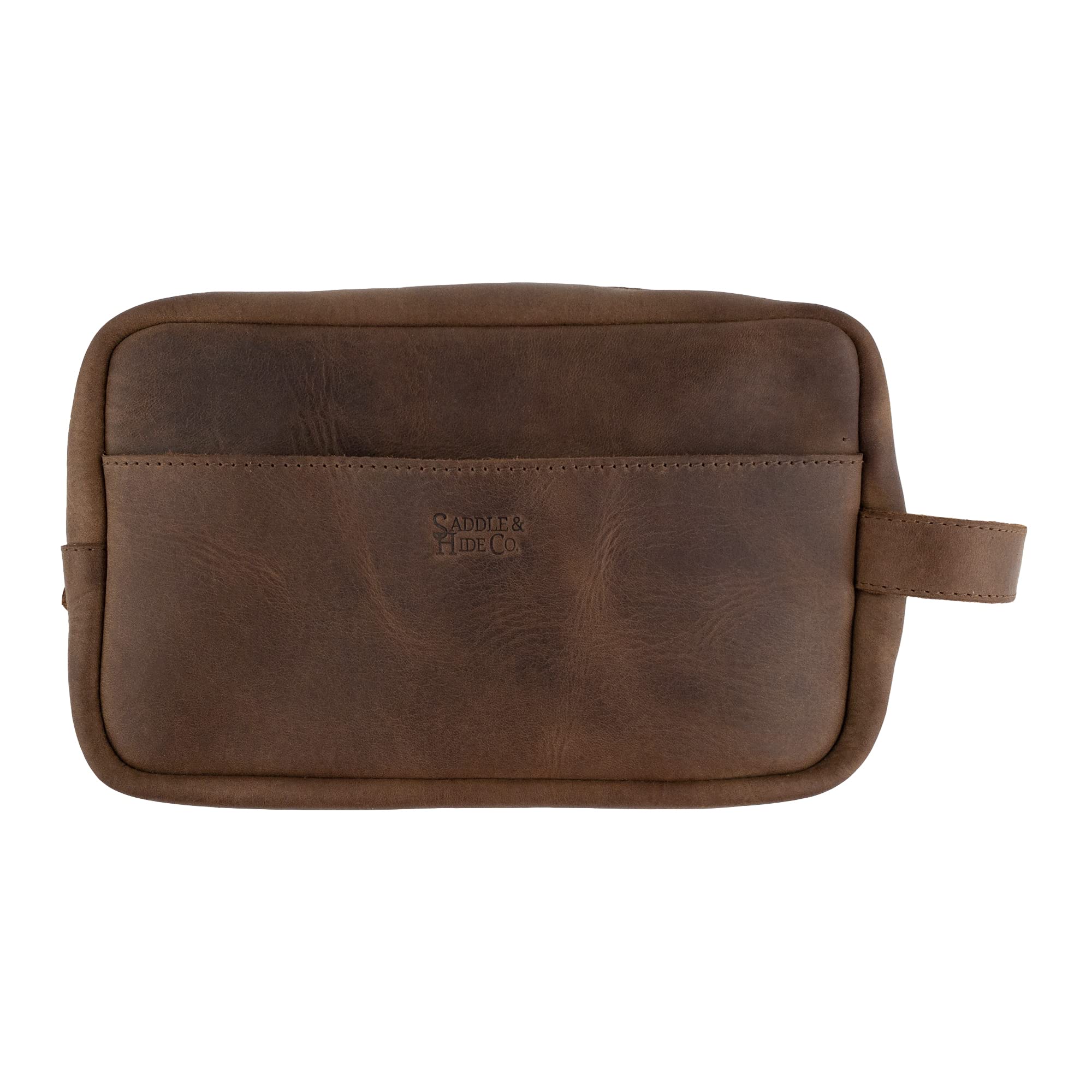 Saddle & Hide Co., Toiletry Bag with Handle Handmade from Full Grain Leather, Hygiene Organizer, Travel Dopp, Bathroom, Shaving, Storage, Travel & Grooming Essentials :: Bourbon Brown