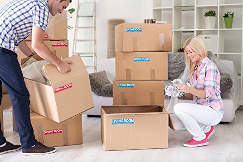 600 Home Moving Labels for 3 Bedroom House. 50 labels per room, 12 Color Coded Label Rolls. FRAGILE label included. For Moving boxes, Moving Supplies, Wardrobe Boxes, Apartment sticker