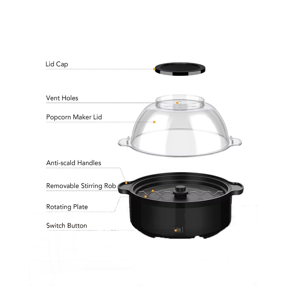 2 Black Popcorn Popper Machine, 16 Cups Electric Popcorn Maker With Nonstick Plate, Stirring Rod, Serving Bowl Lid And Two Measuring Spoons, Quick Heating, Electric Hot Oil Popcorn Popper