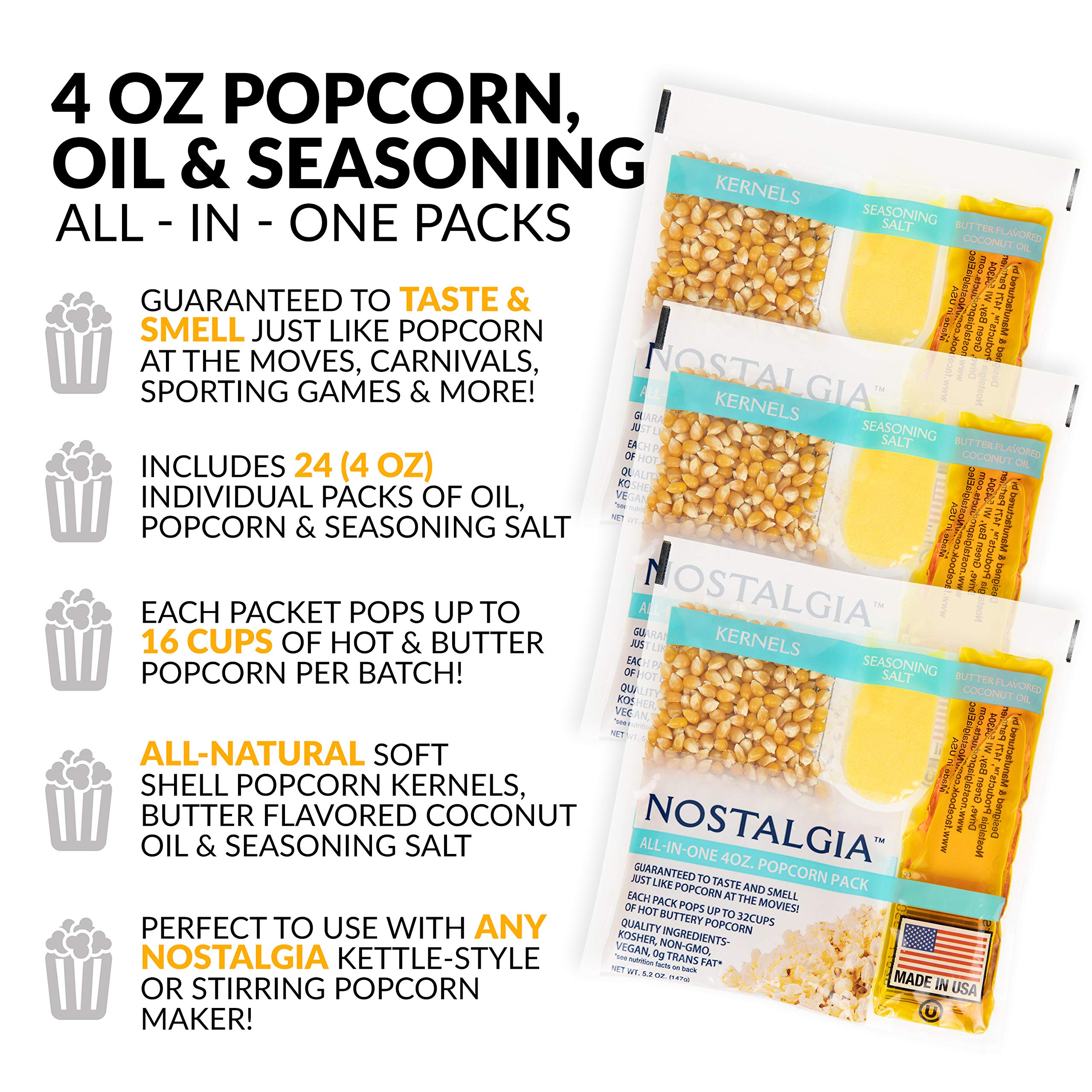 Nostalgia Popcorn Maker Machine - Ivory & KPP424 Best Tasting Premium 4-Ounce Popcorn, Oil & Seasoning Salt All-In-One Packs - 4 Ounce (Pack of 24)
