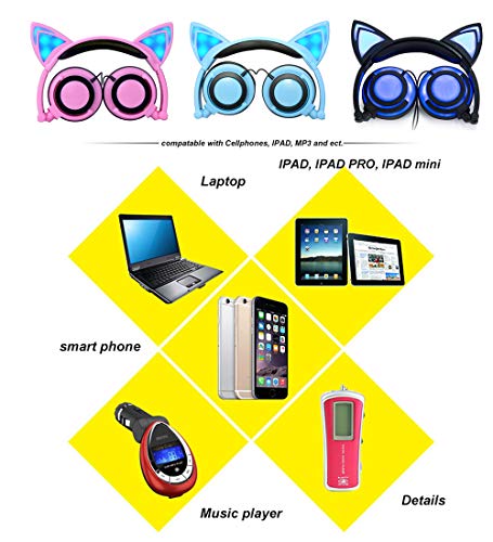 Wired Over-Ear Foldable Headphones Cat Ear Earphones with LED Light for Girls,Children.Compatible for Mp3 Mp4 Player,iPhone 6S,Android Phone.