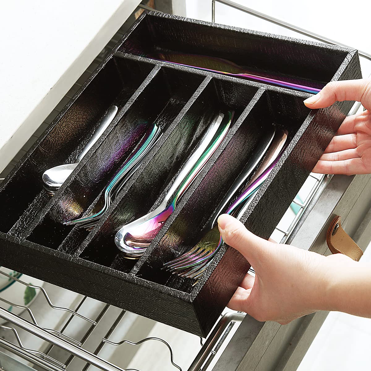 Kyraton Black Leather Wood Kitchen Flatware Drawer Organizers, Silverware Drawer Organiser and Cutlery Tray, Utensil Tray Drawer Organizer, Cutlery Flatware Organizer With Drawers