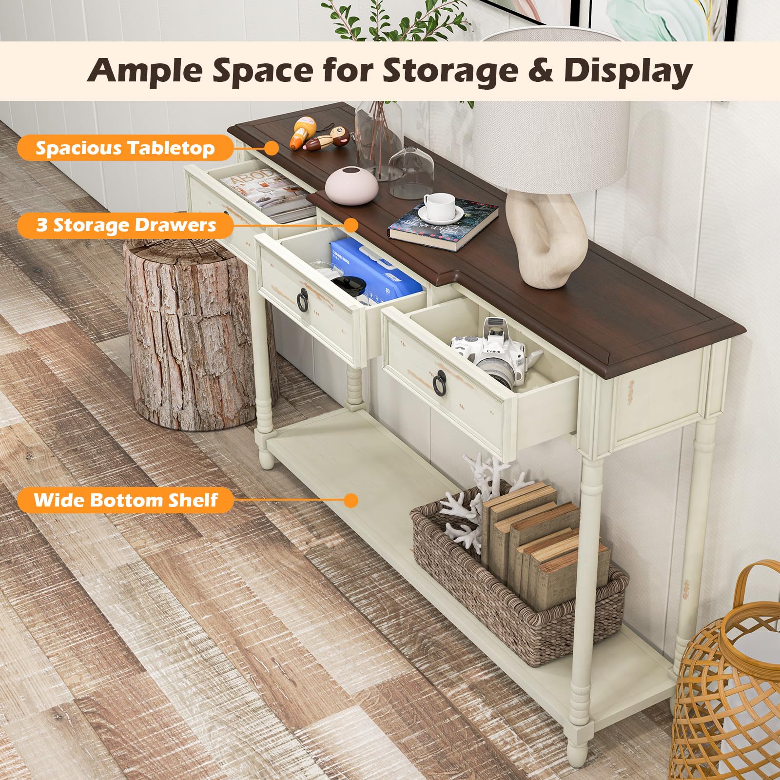 Giantex Console Table with 3 Storage Drawers - Entry Table, Rustic Farmhouse Entryway Table with Open Storage Shelf, Solid Wood Legs, Long Sofa Table for Living Room, Hallway, Narrow Console Table